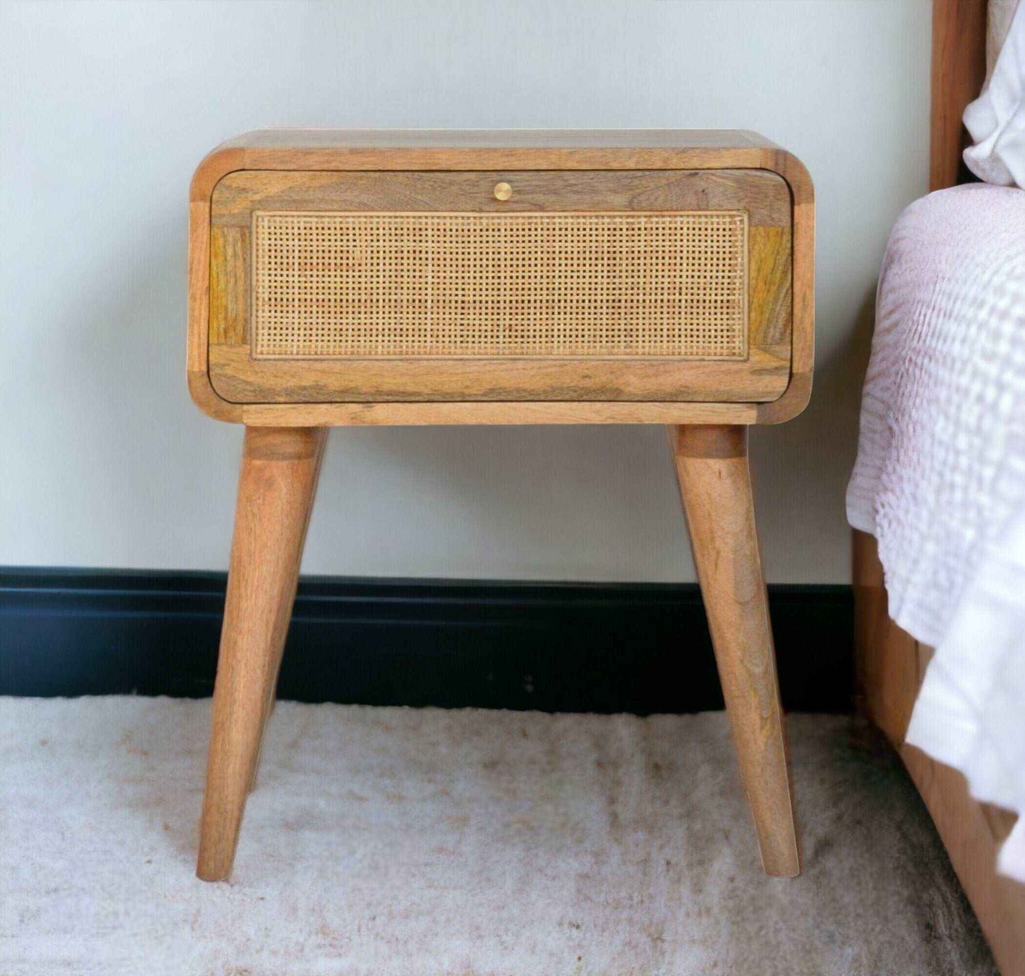Boho Curved Bedside Table With Rattan Drawer Scandinavian Nightstand