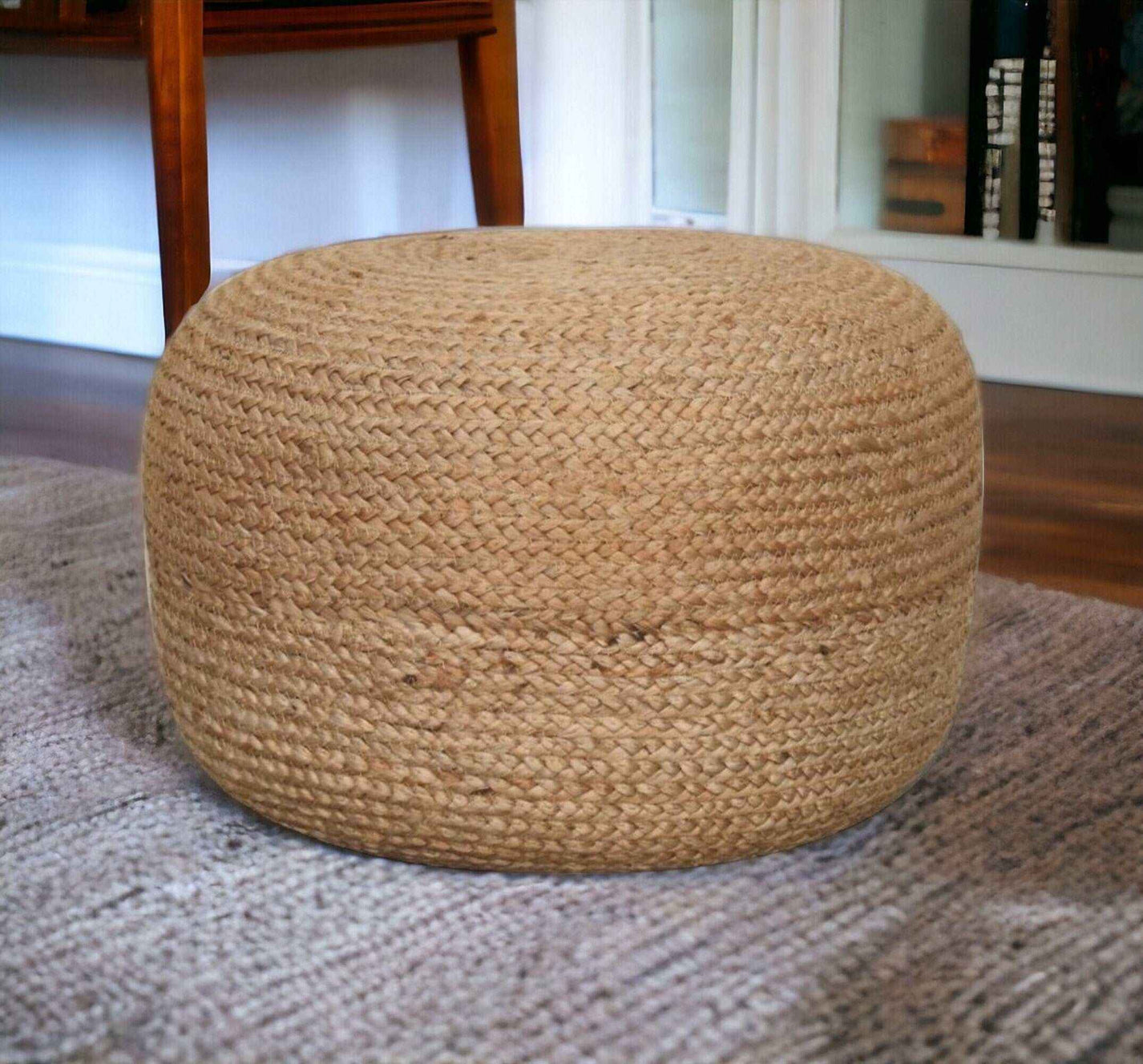 Handwoven Rounded Jute Pouffe - Natural Boho Footstool And Seating
