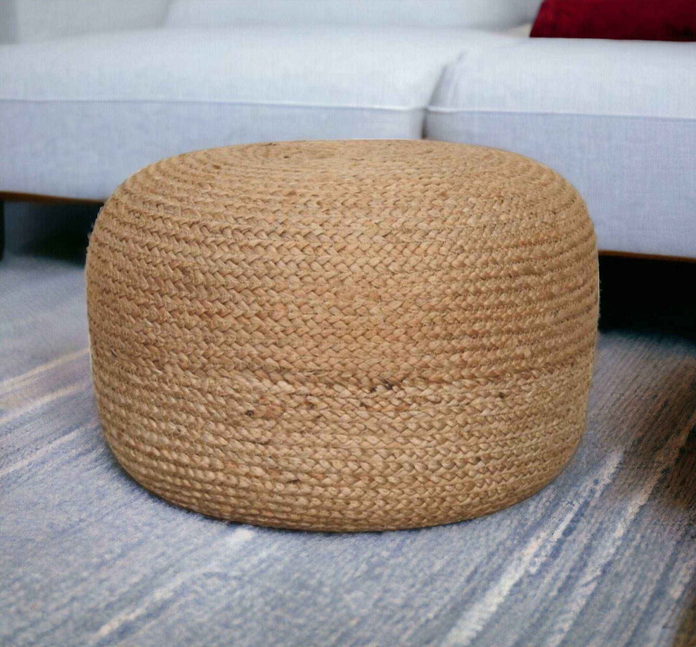 Handwoven Rounded Jute Pouffe - Natural Boho Footstool And Seating