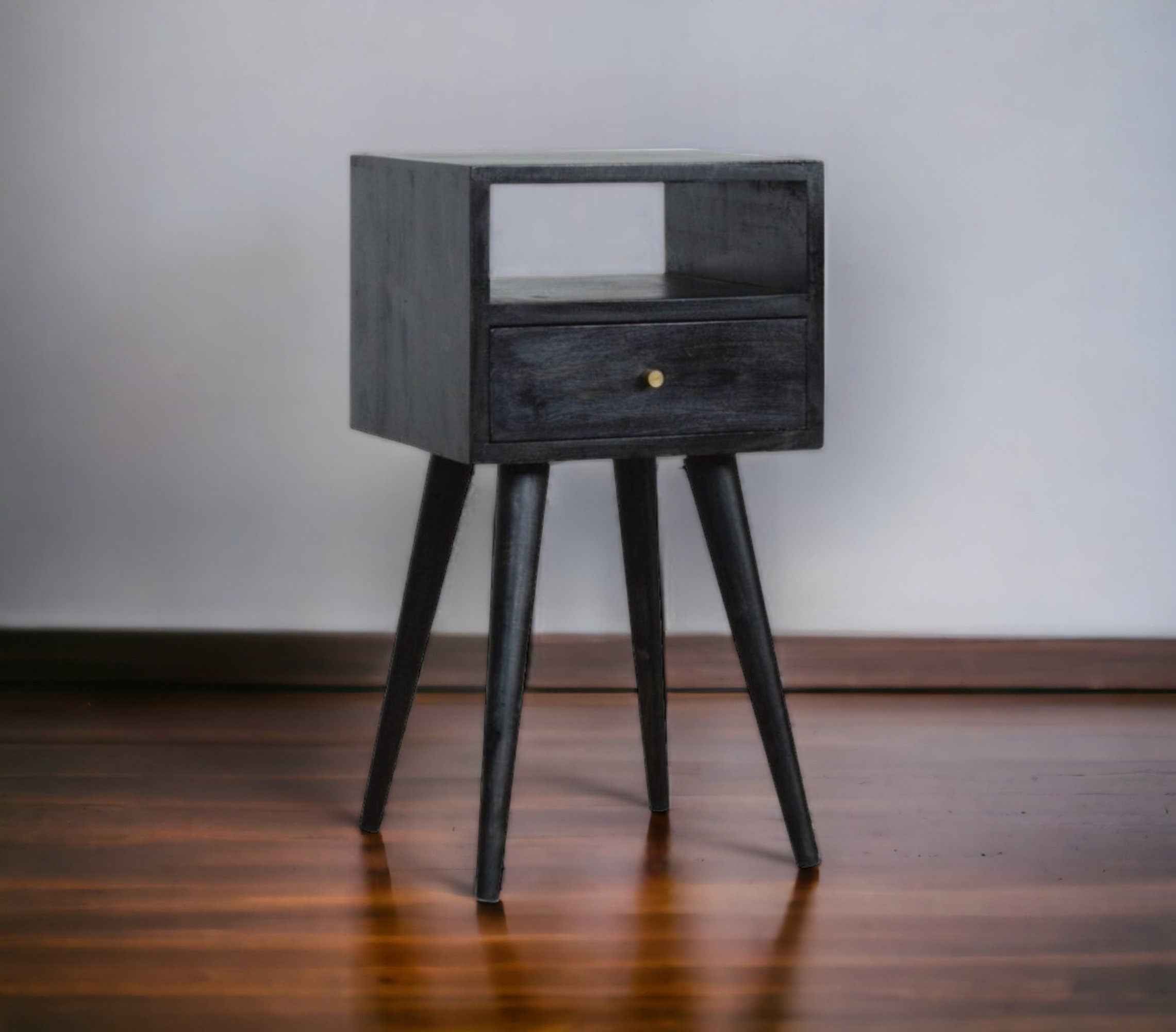Small Black Bedside Table With Drawer Narrow Vintage Nordic Nightstand
