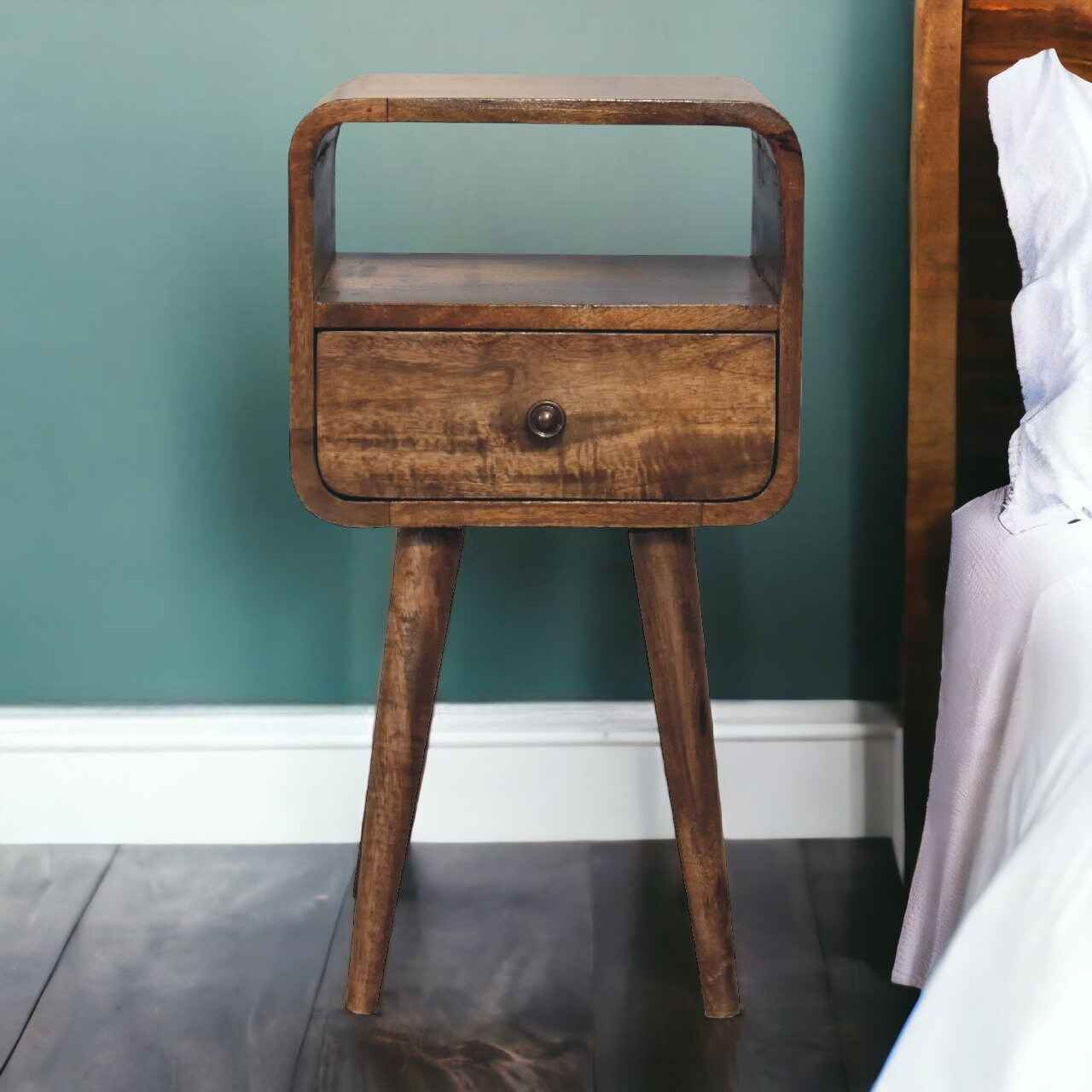 Small Curved Bedside Table With Drawer In Grey Narrow Wood Nightstand