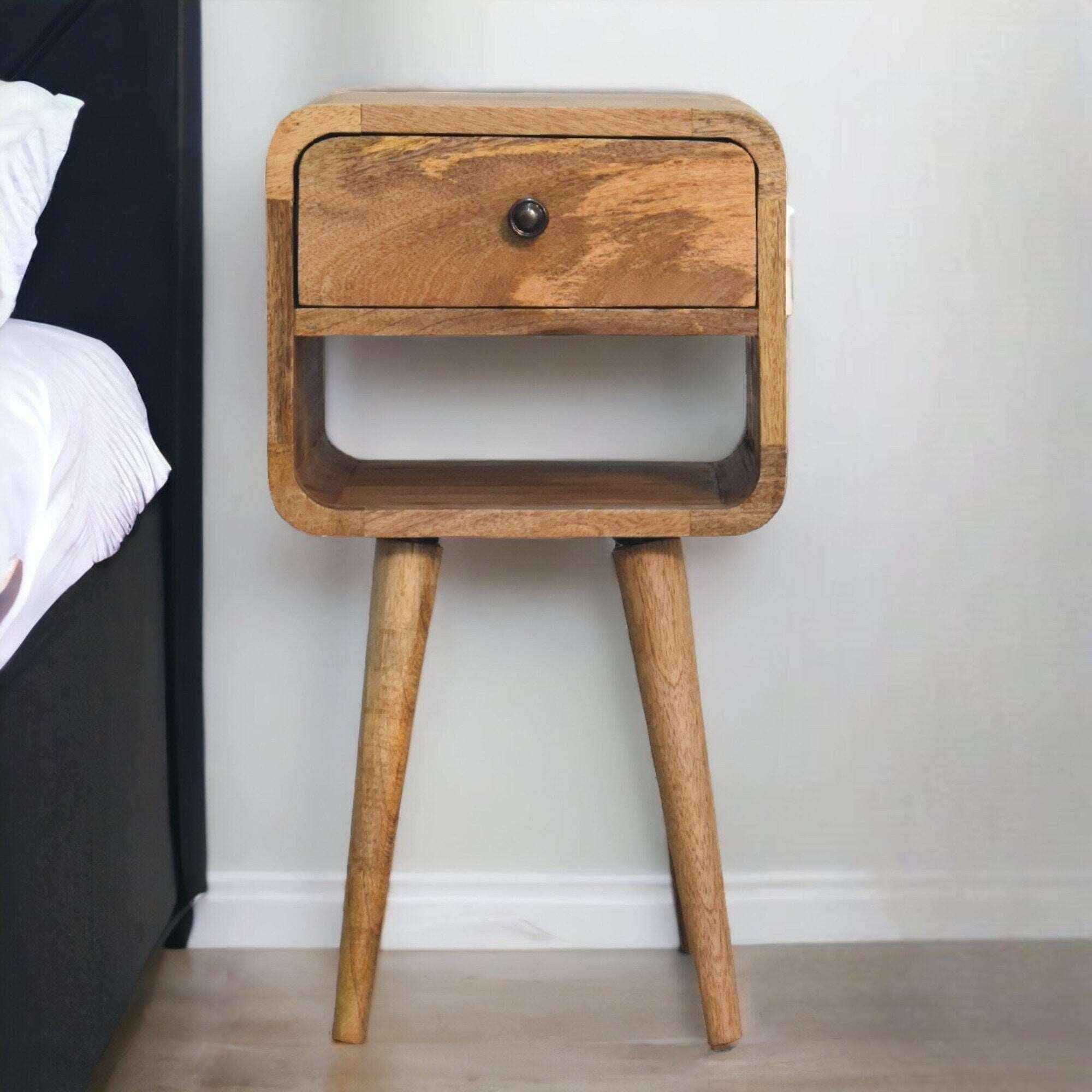 Small Curved Bedside Table With Drawer In Oak Space Saving Narrow Unit