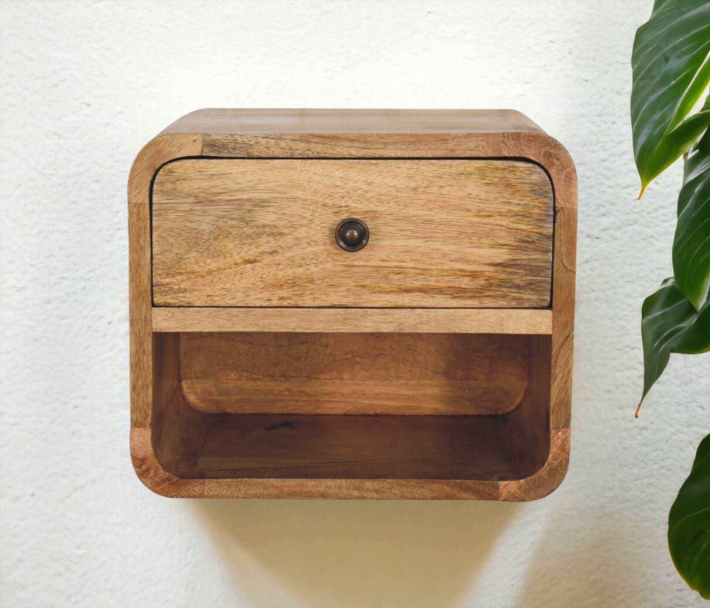 Small Curved Floating Bedside Unit With Drawer In Oak