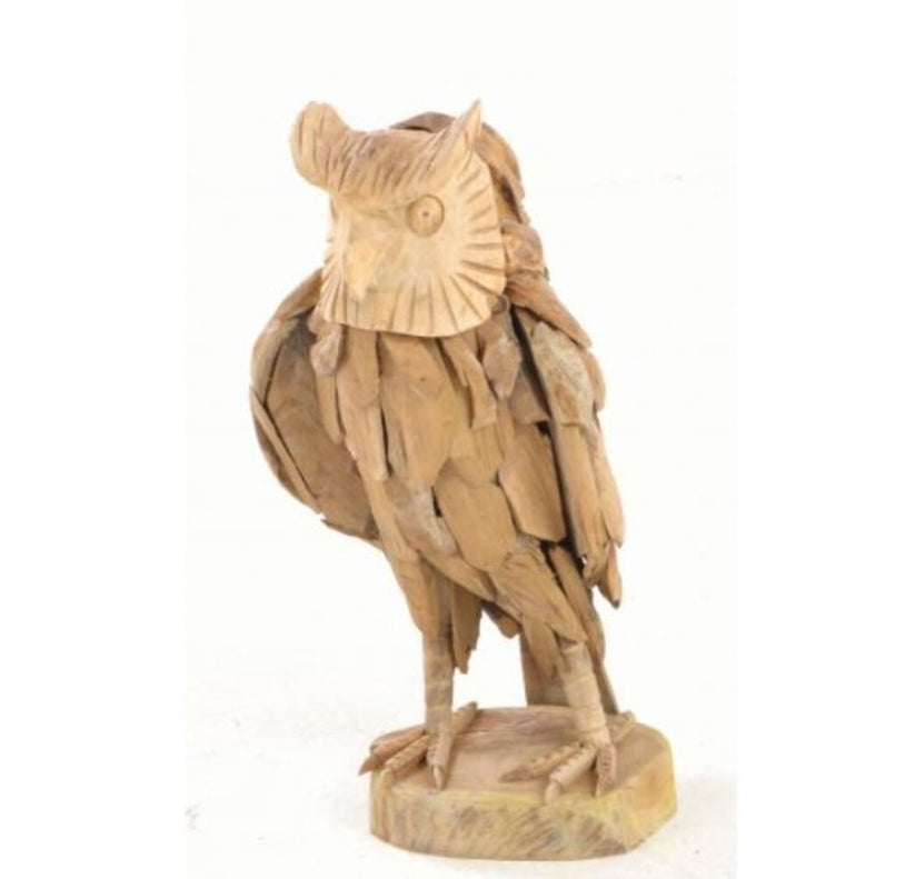 Teak Tree Root Owl Sculpture On Stand Rustic Farmhouse Animal Statue