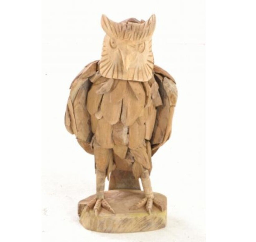 Teak Tree Root Owl Sculpture On Stand Rustic Farmhouse Animal Statue