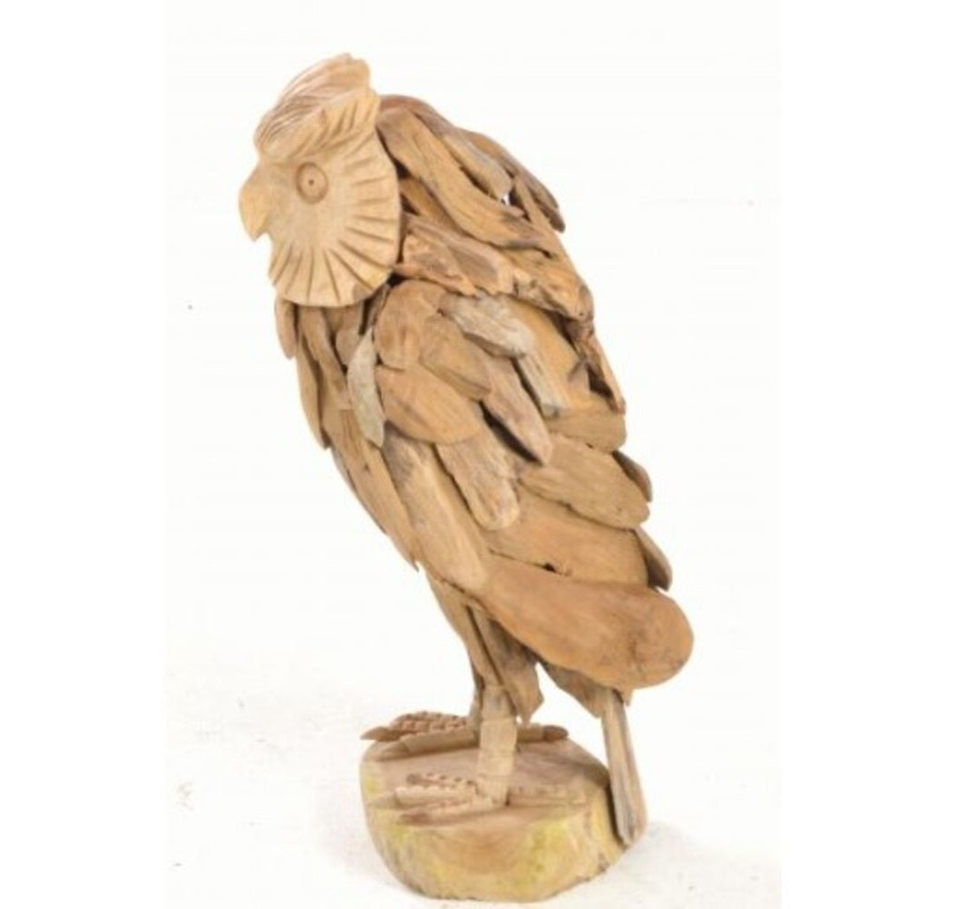 Teak Tree Root Owl Sculpture On Stand Rustic Farmhouse Animal Statue