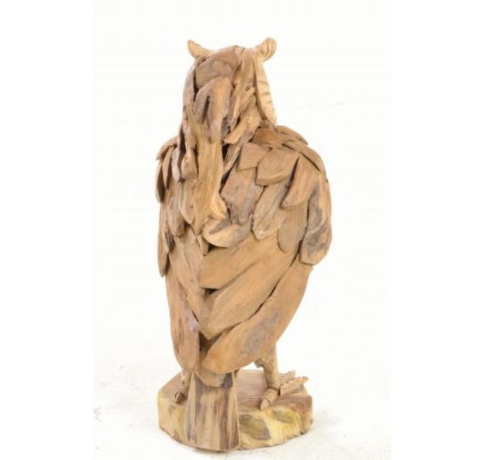 Teak Tree Root Owl Sculpture On Stand Rustic Farmhouse Animal Statue