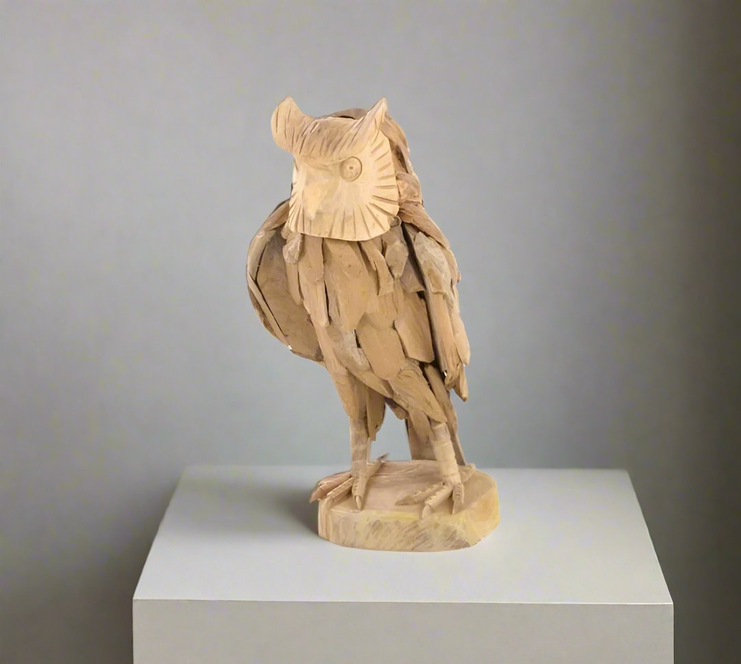 Teak Tree Root Owl Sculpture On Stand Rustic Farmhouse Animal Statue