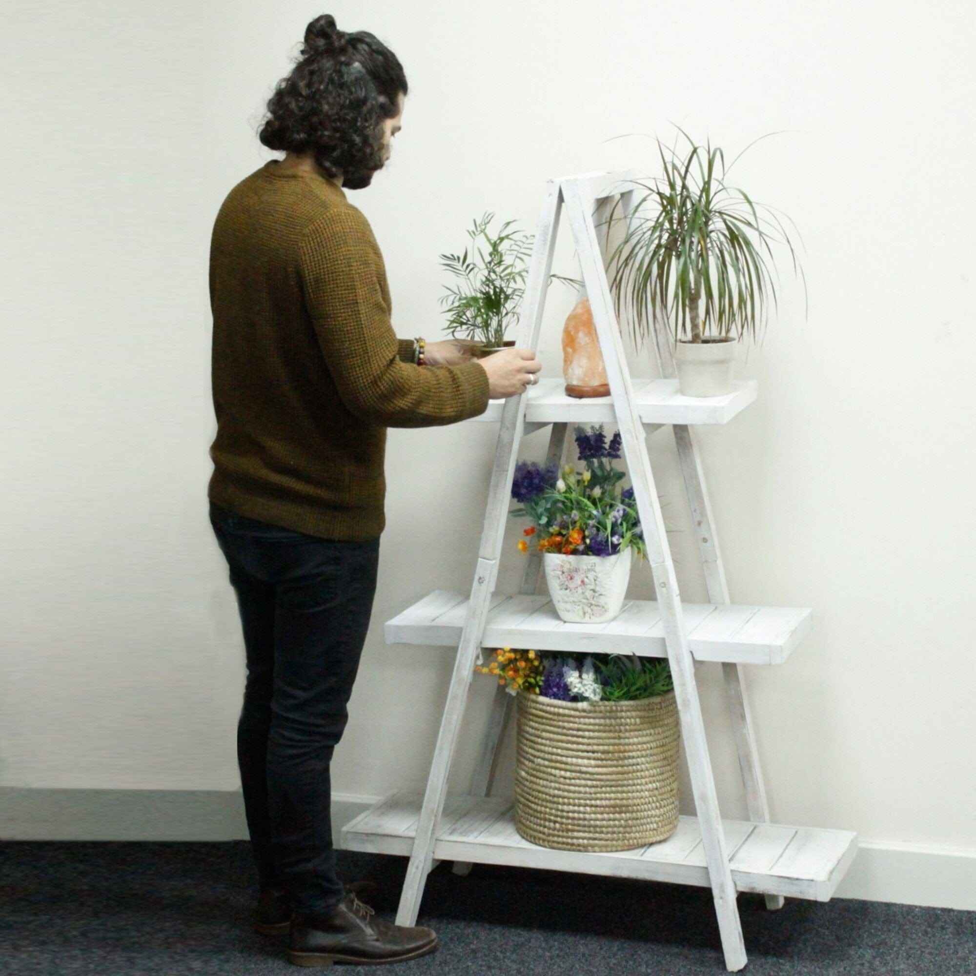 White Triangle Plant Stand Wooden Shelving Unit Display Storage Shelf